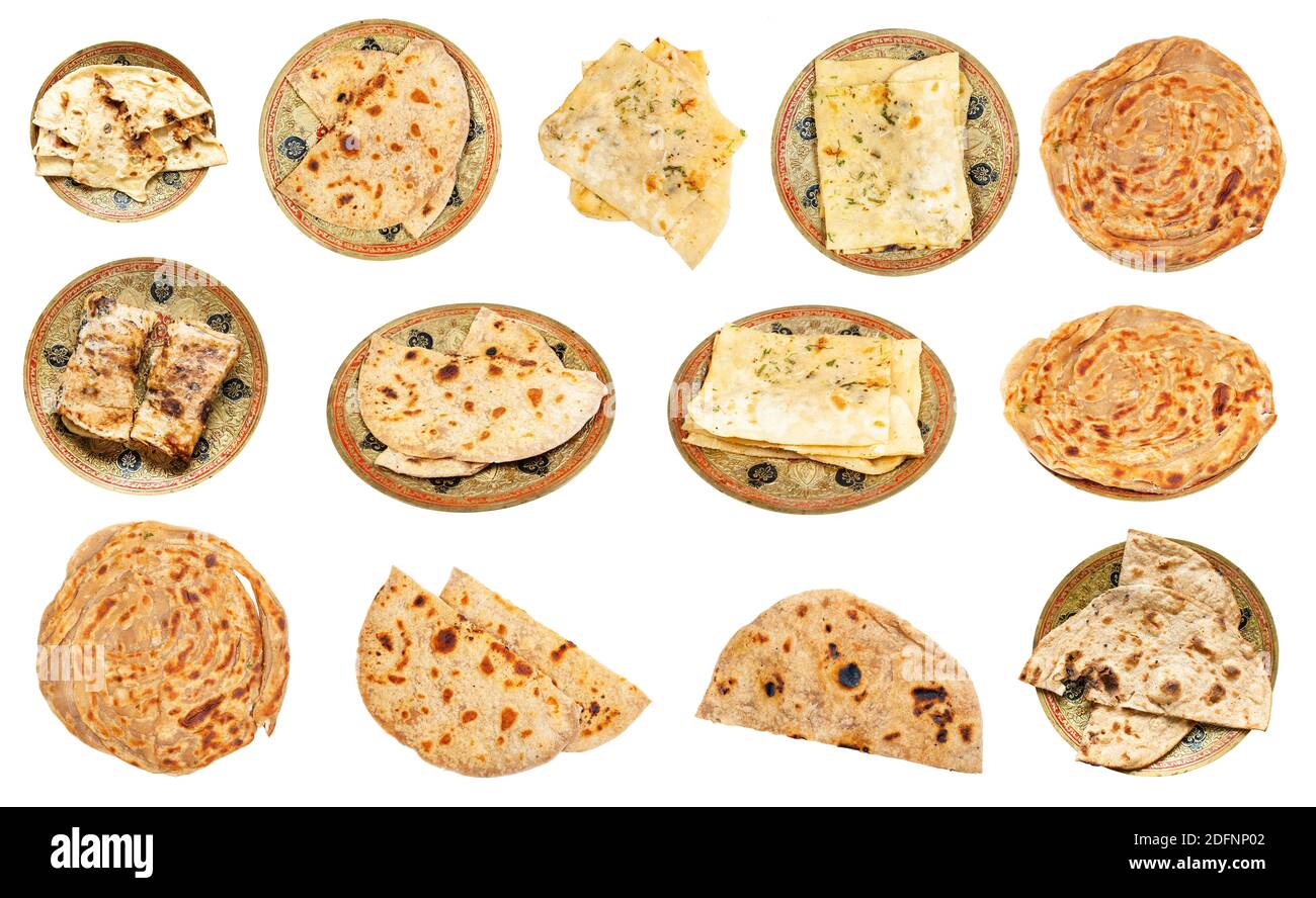 set of various naan (Indian flatbread) isolated on white background ...