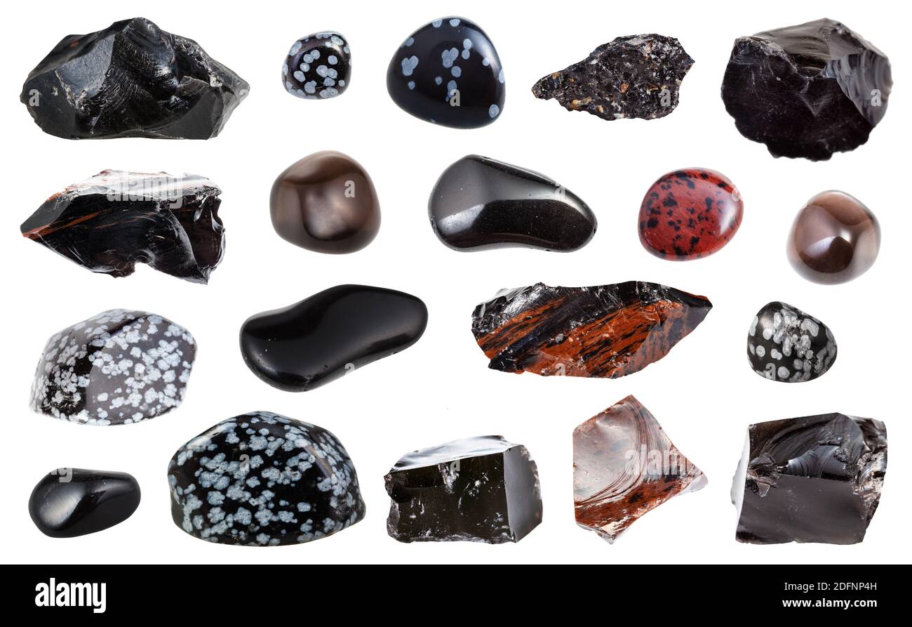 collection of various Obsidian (volcanic glass) natural mineral gem ...