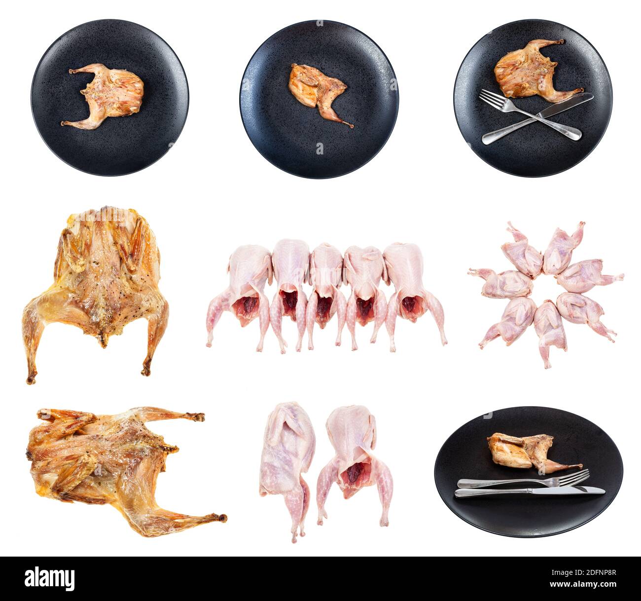 set of raw and roasted quails isolated on white background Stock Photo ...