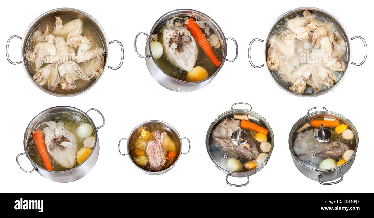 set of broth in stewpots isolated on white background Stock Photo - Alamy