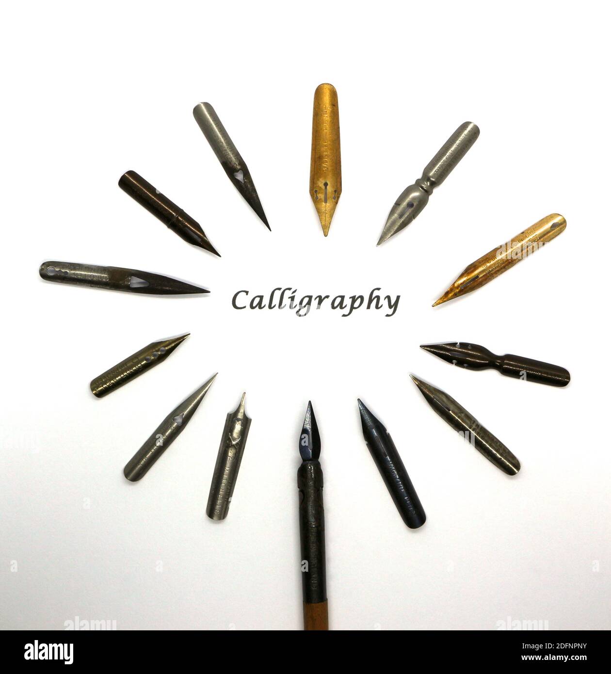 Photo of a Circle of Calligraphy and score writing metal nibs against a ...