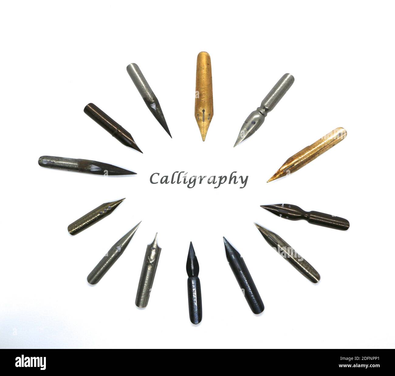 Photo of a Circle of Calligraphy and score writing metal nibs against a ...
