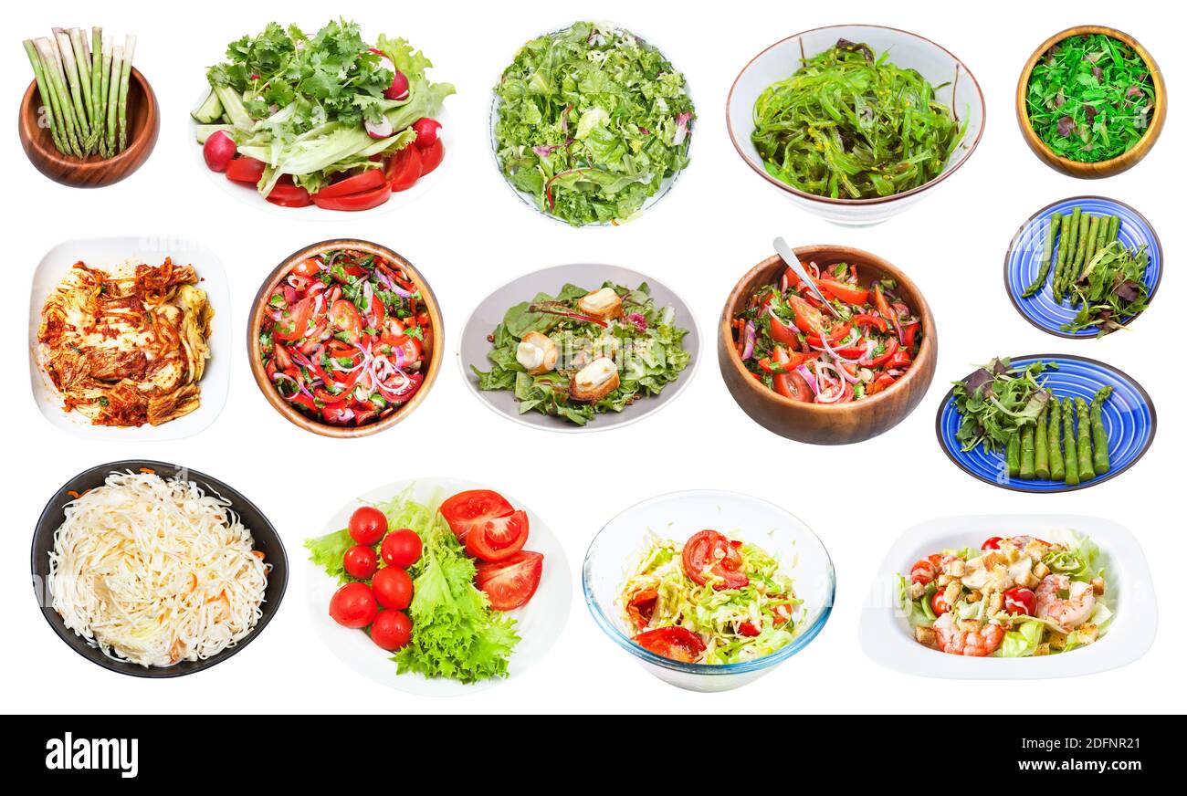 collage from various vegetable salads isolated on white background ...