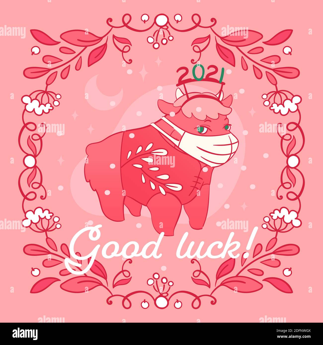 Christmas postcard template with hand drawn ox in mask. Happy 2021 ...