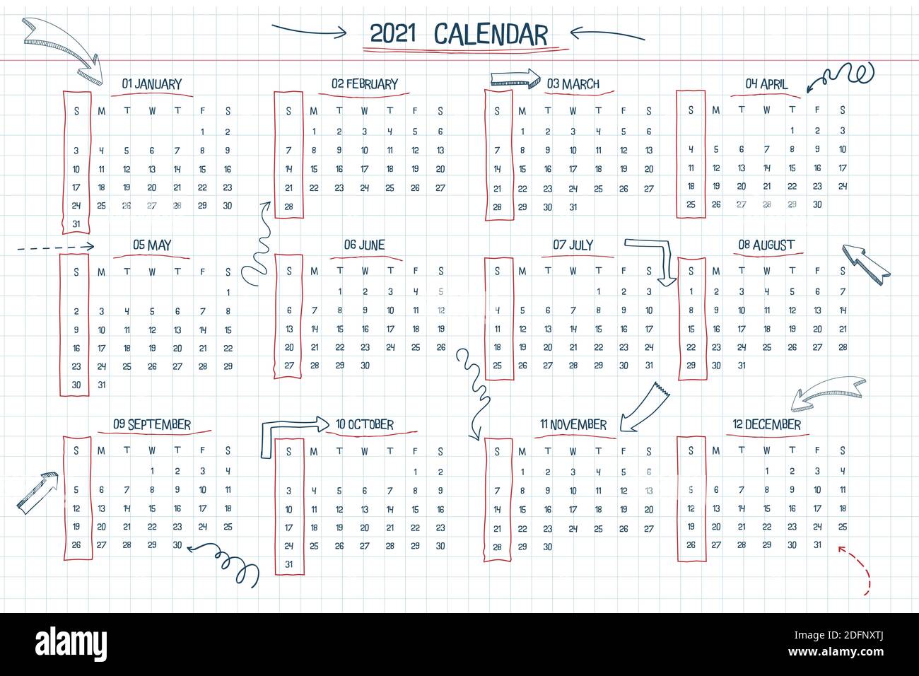 2021calendar hand drawn text school note style, checkered notebook ...