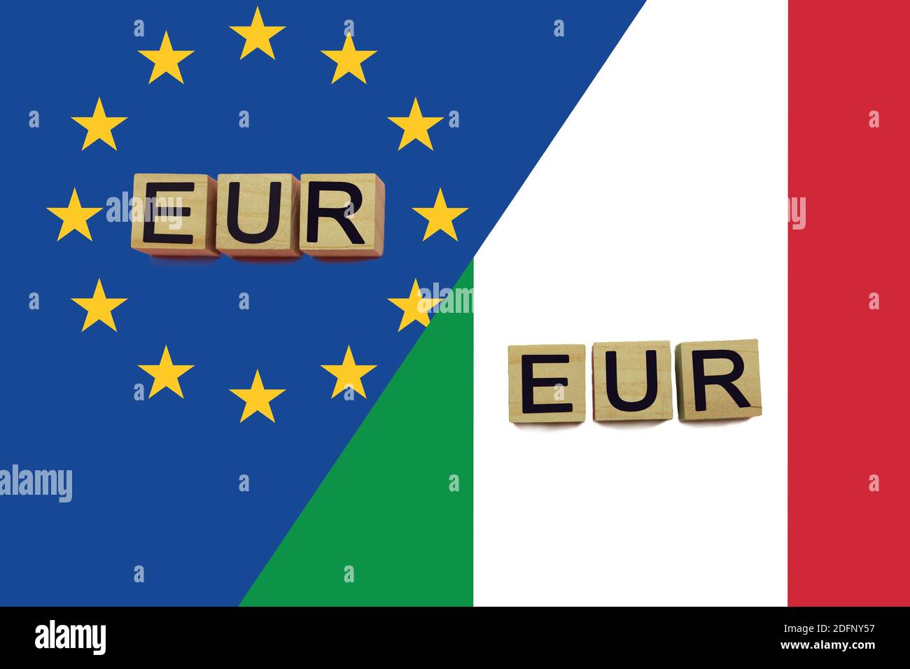 United Europe and Italy currencies codes on national flags background ...