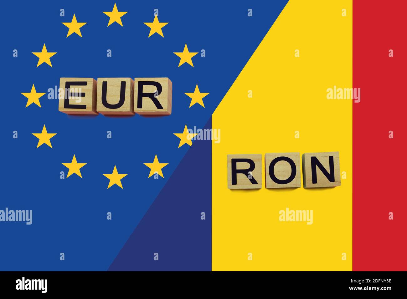 United Europe and Romania currencies codes on national flags background ...