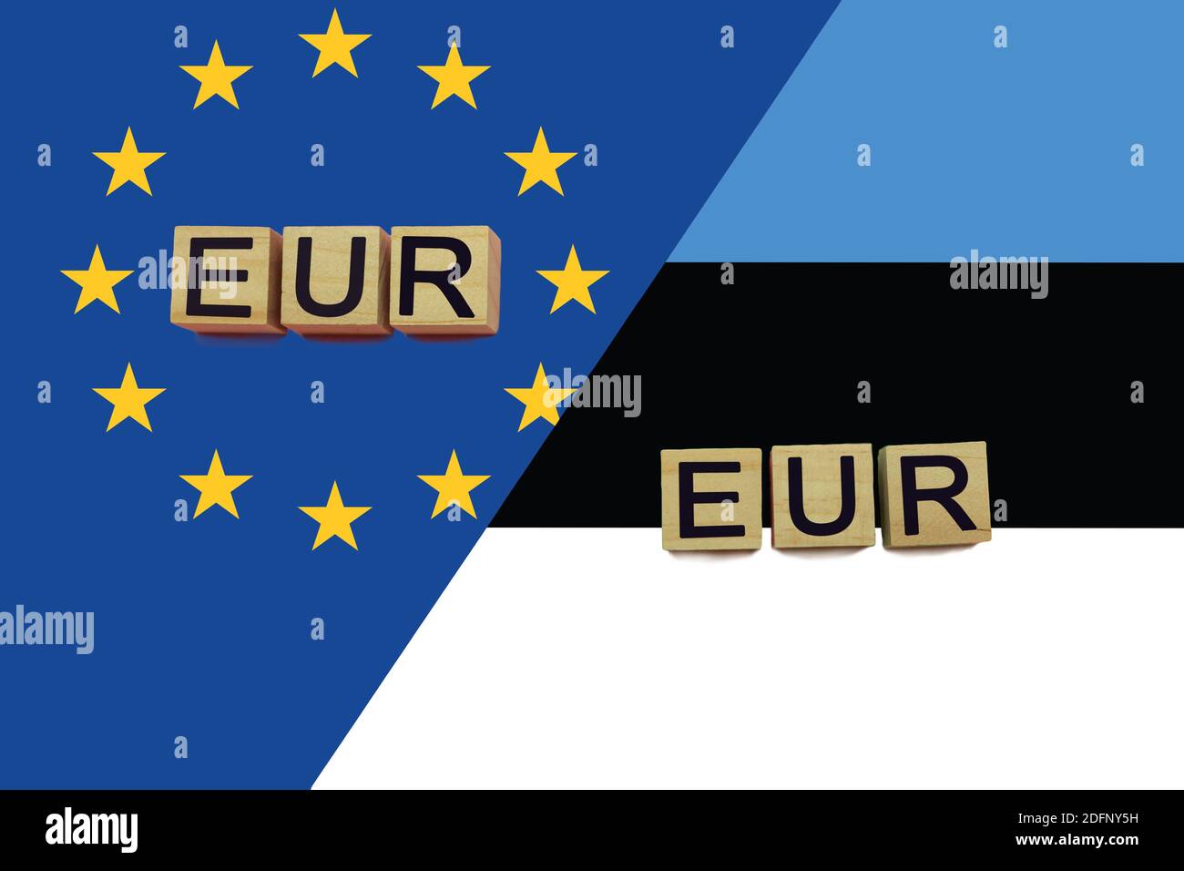 United Europe and Estonia currencies codes on national flags background ...