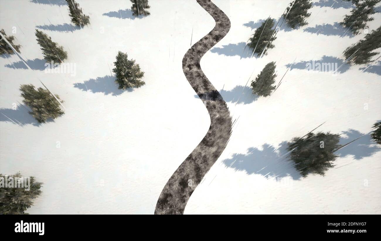 Aerial top view from drone rain snow road landscapes in winter 3d ...