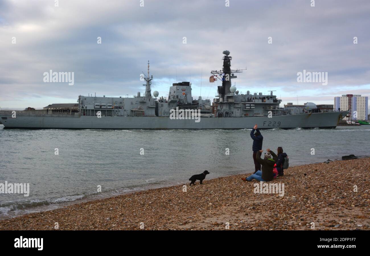 HMS Lancaster sailing back to Portsmouth Naval Base after shadowing and ...