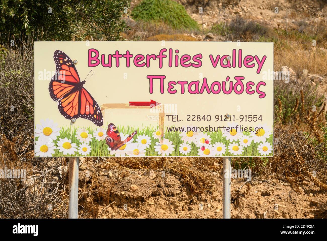 Paros, Greece - September 27, 2020: Butterfly Valley information board ...