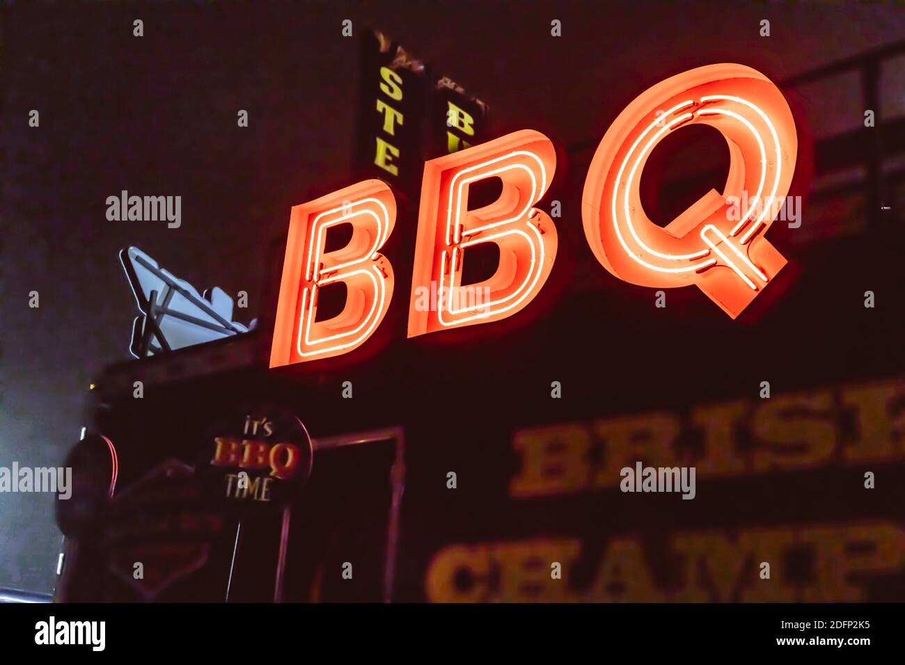 barbecue sign food court neon grill house fast food smoke Stock Photo ...