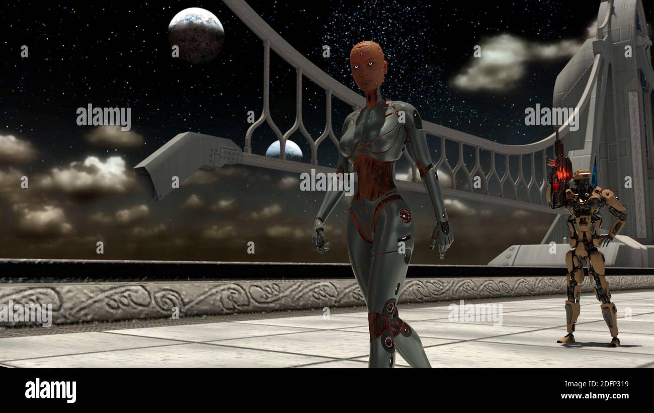 Robot and cyborg on a space base - 3D rendering Stock Photo - Alamy