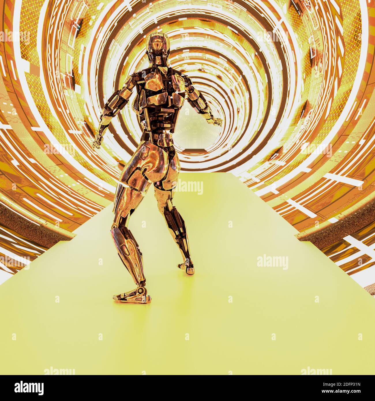 Metallic cyborg in a futuristic tunnel - 3d rendering Stock Photo - Alamy