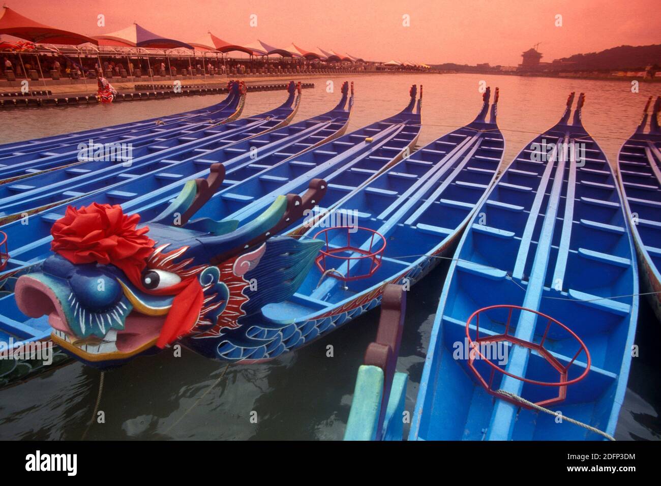 a traditional Dragon boat of a dragonboat race on the Keelung river in ...