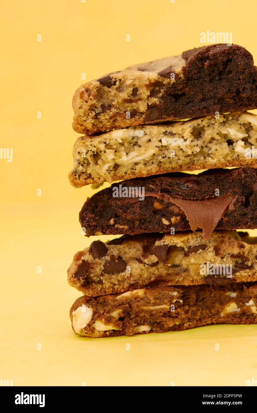 Chocolate Chip Cookie Stack on yellow background Stock Photo - Alamy