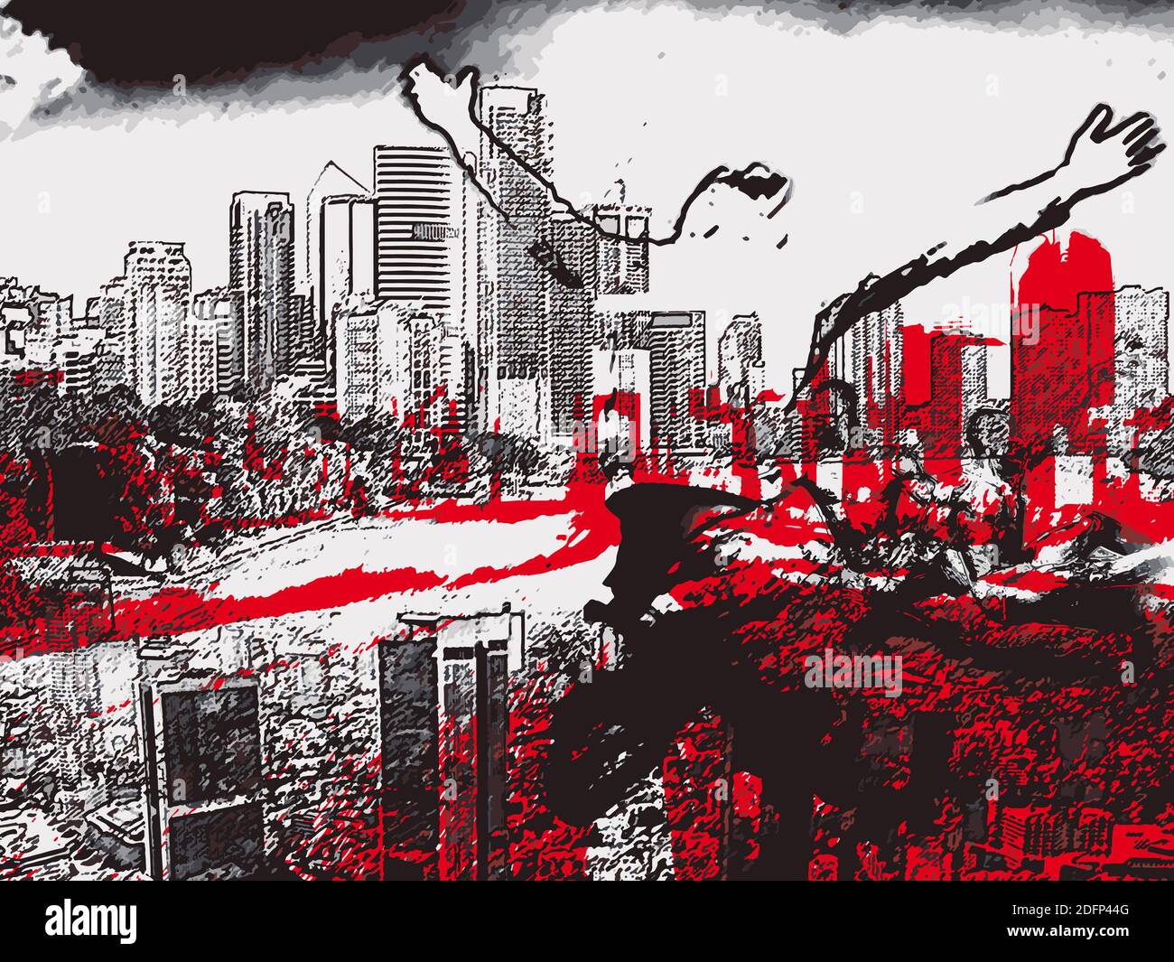 conceptual revolutionary poster, with urban landscape, drawing of ...