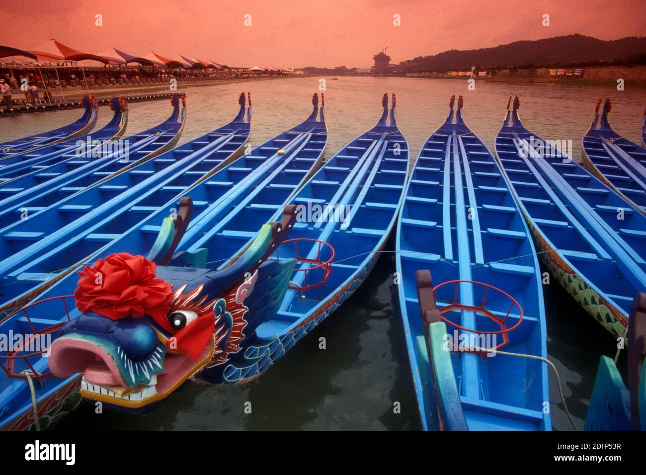 a traditional Dragon boat of a dragonboat race on the Keelung river in ...
