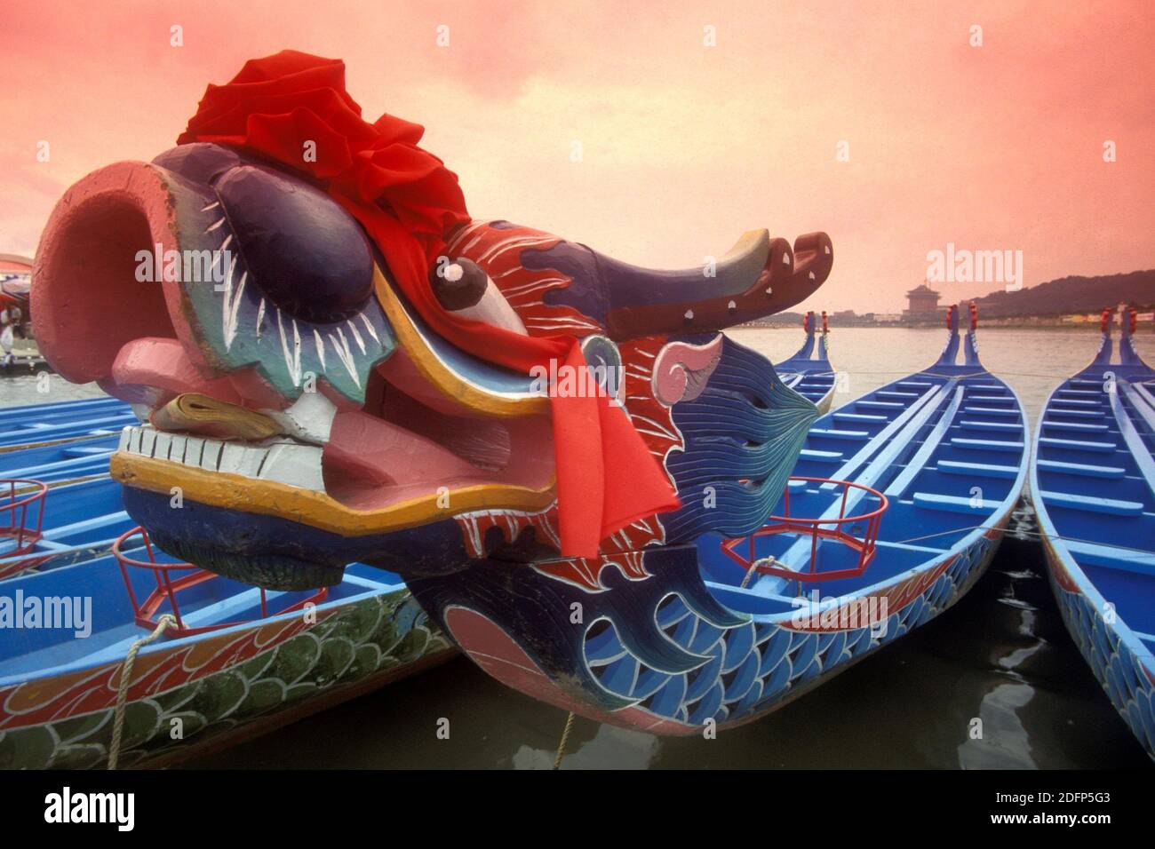 a traditional Dragon boat of a dragonboat race on the Keelung river in ...