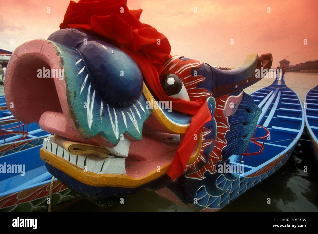 a traditional Dragon boat of a dragonboat race on the Keelung river in ...