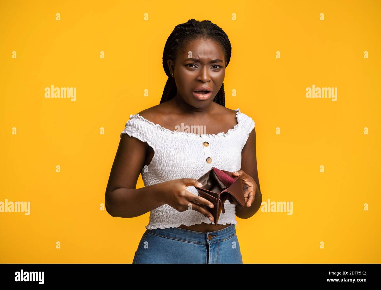 Displeased African American Woman Demonstrating Empty Wallet With No ...