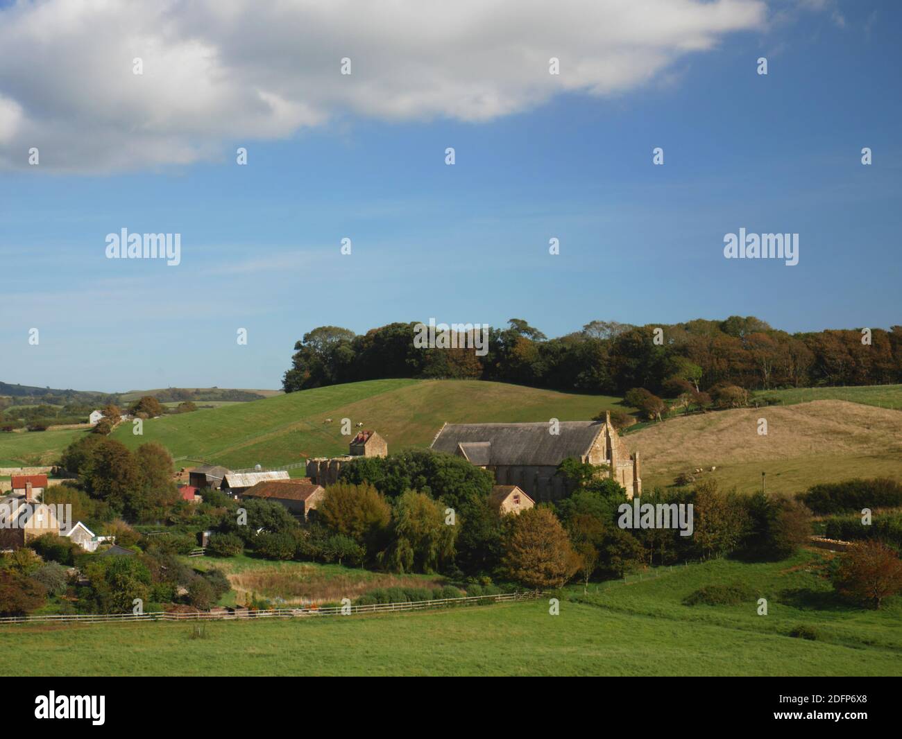 Abbotsbury and the Abbey Barn seen from Chapel Hill, Dorset Stock Photo ...