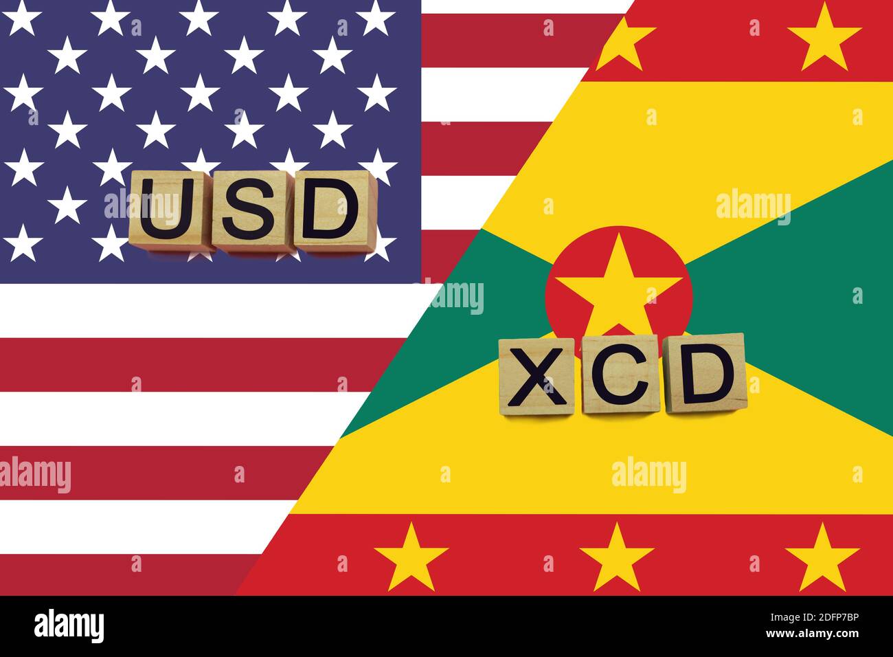 USA and Grenada currencies codes on national flags background ...