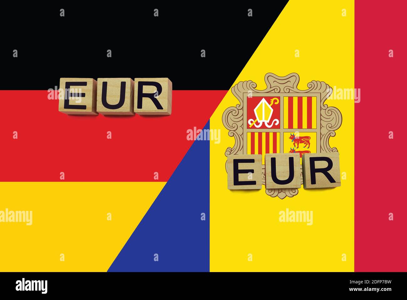 Germany and Andorra currencies codes on national flags background ...