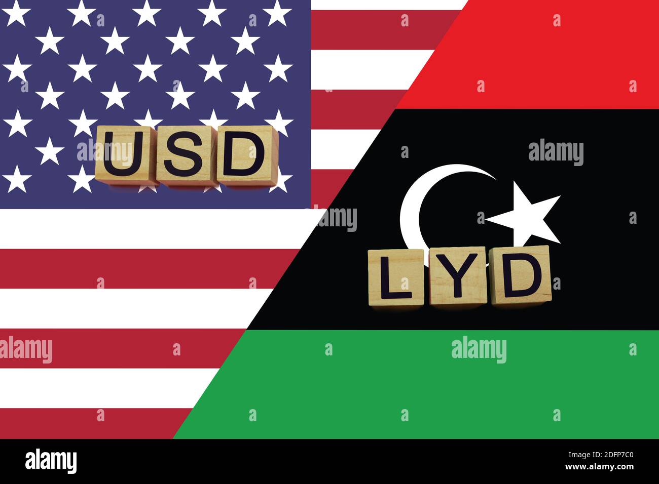 USA and Libya currencies codes on national flags background ...