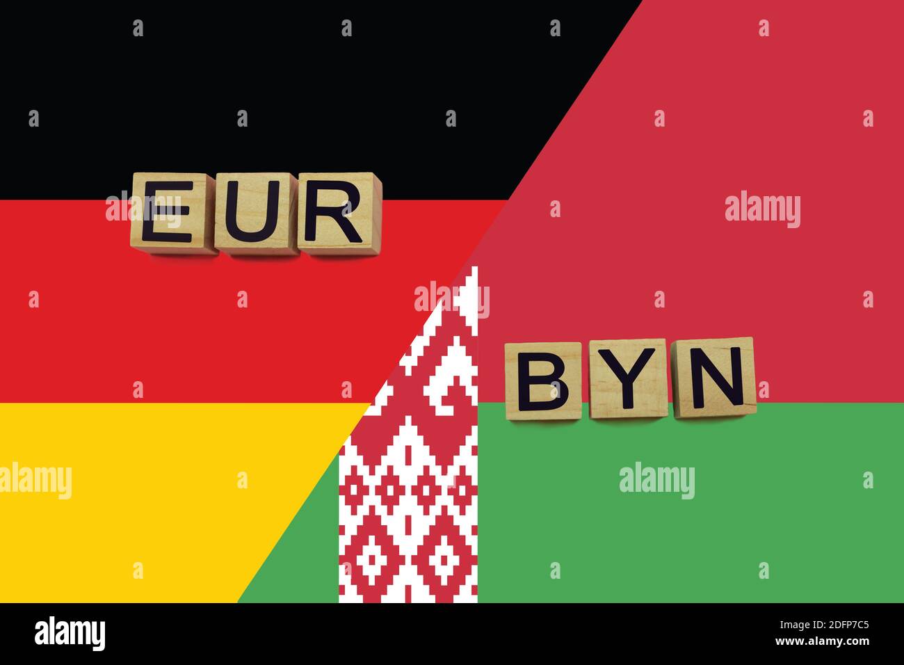 Germany and Belarus currencies codes on national flags background ...