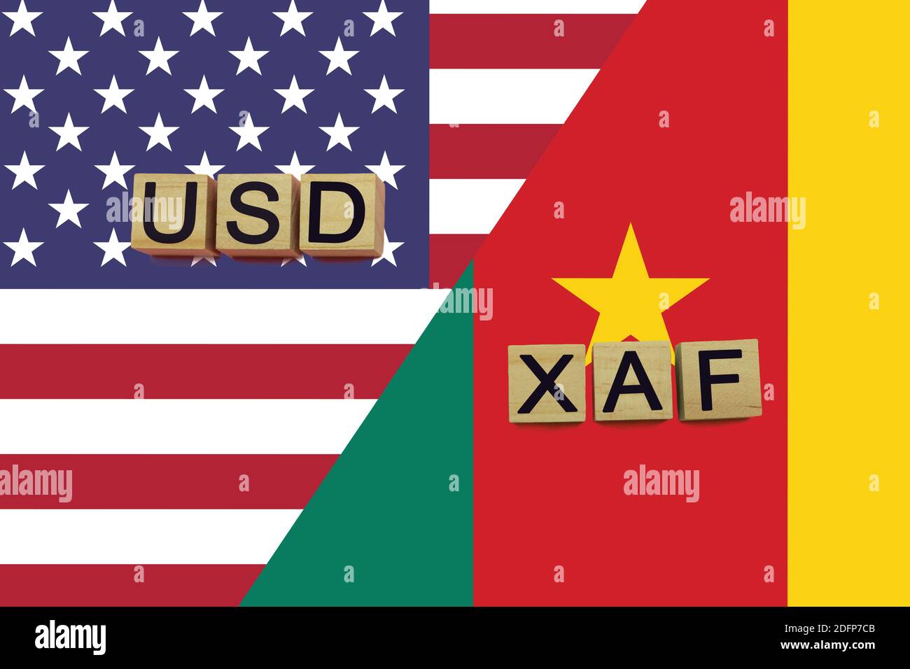 USA and Cameroon currencies codes on national flags background ...
