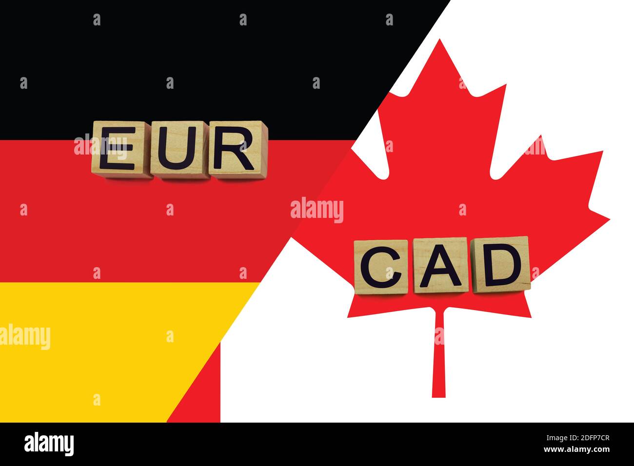 Germany and Canada currencies codes on national flags background ...