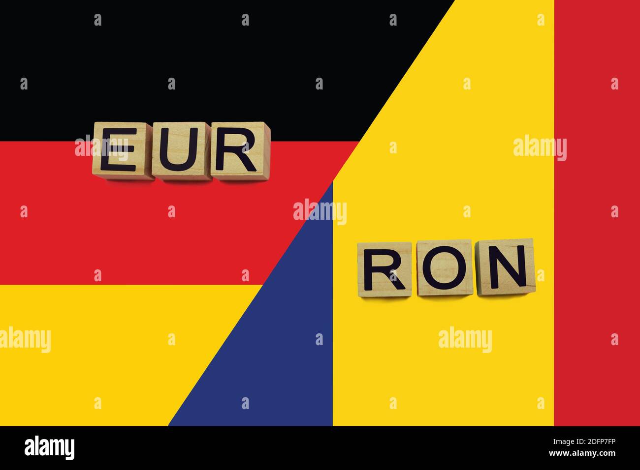 Germany and Romania currencies codes on national flags background ...