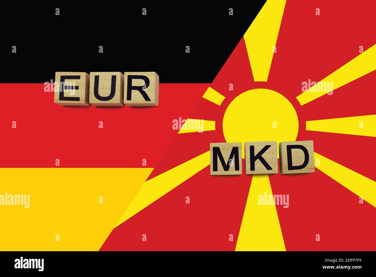 Germany and Macedonia currencies codes on national flags background ...