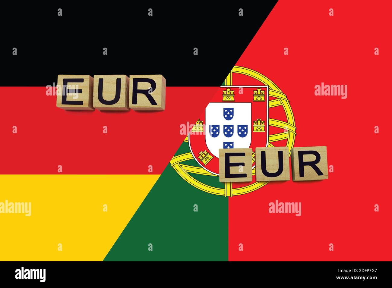 Germany and Portugal currencies codes on national flags background ...