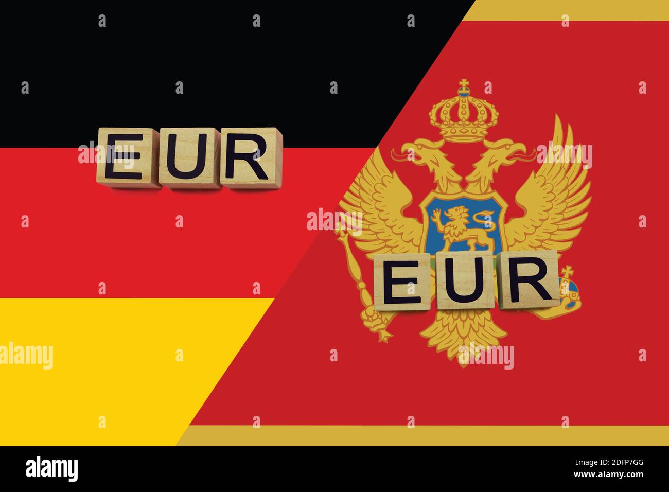 Germany and Montenegro currencies codes on national flags background ...
