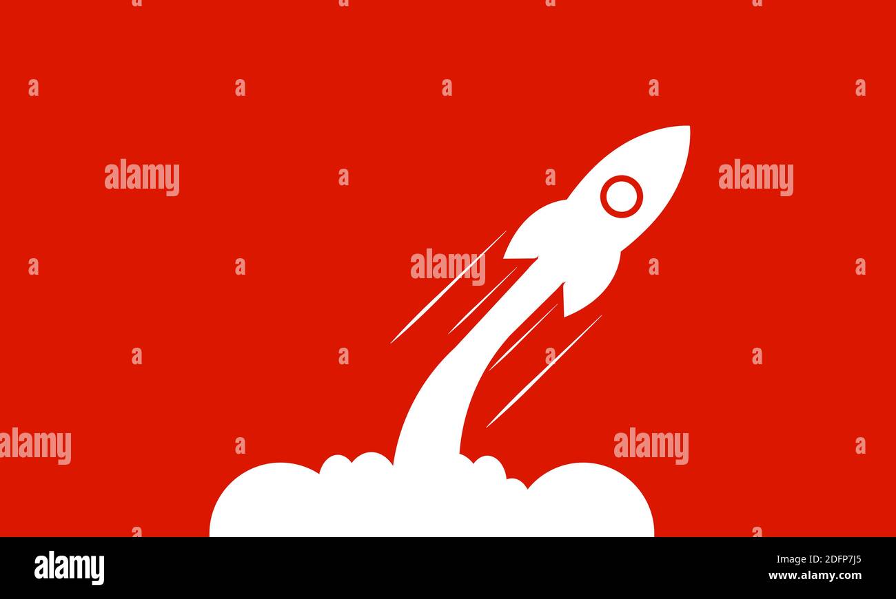 White rocket launch isolated on red background. Minimalistic background ...