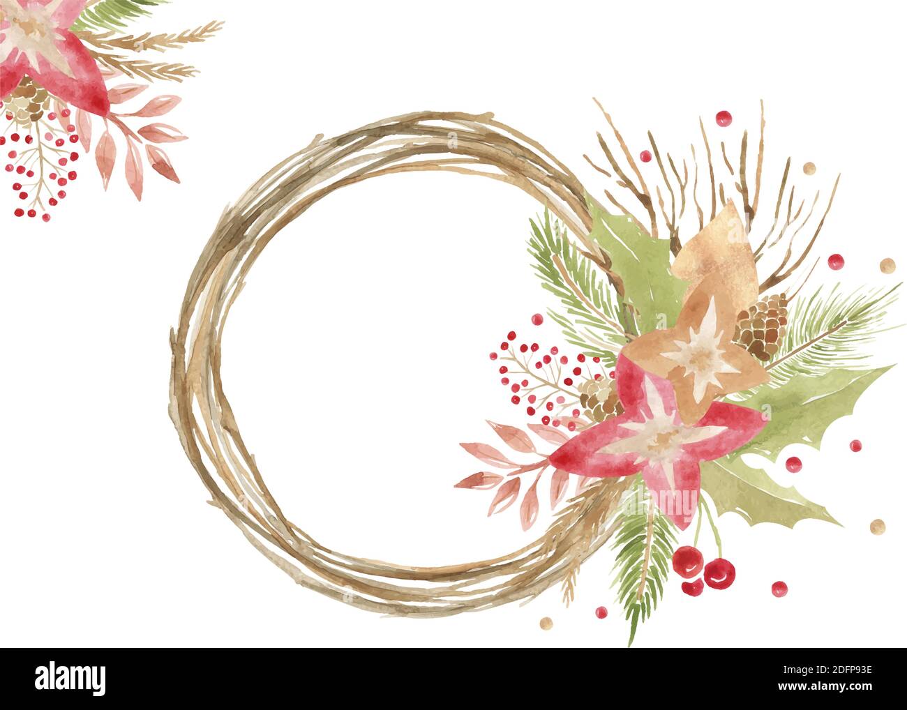Merry Christmas holiday wreath. Winter floral frame. Gold hand ...