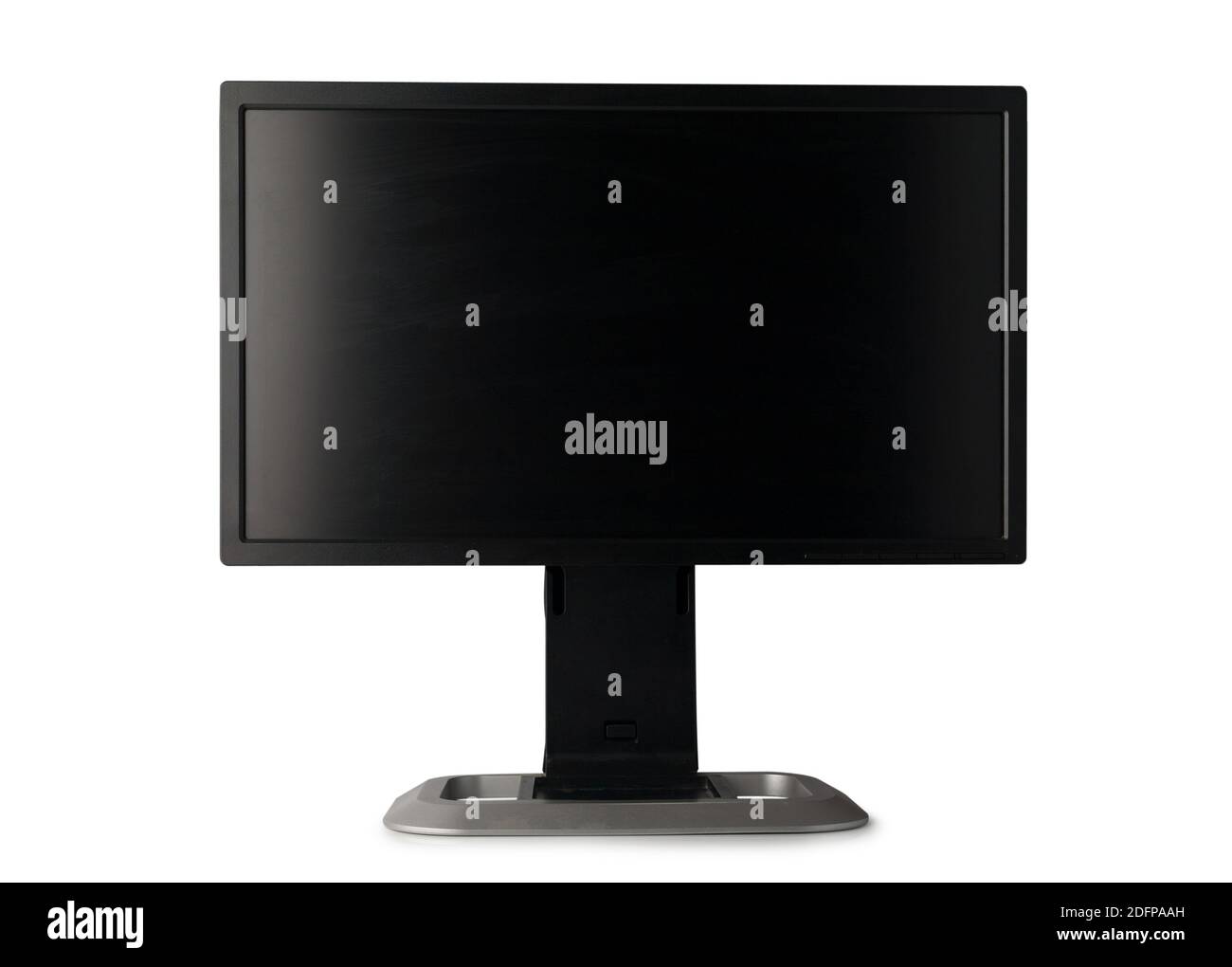 Widescreen black monitor isolated on white background. Switched off ...