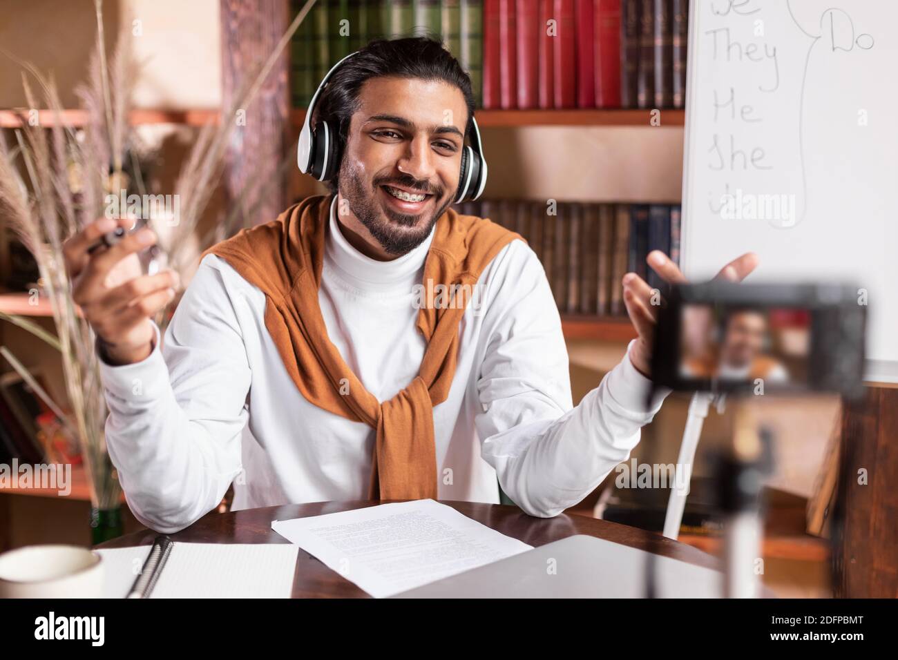 Teacher Making Video Lesson Recording Lecture Teaching Online From Home ...