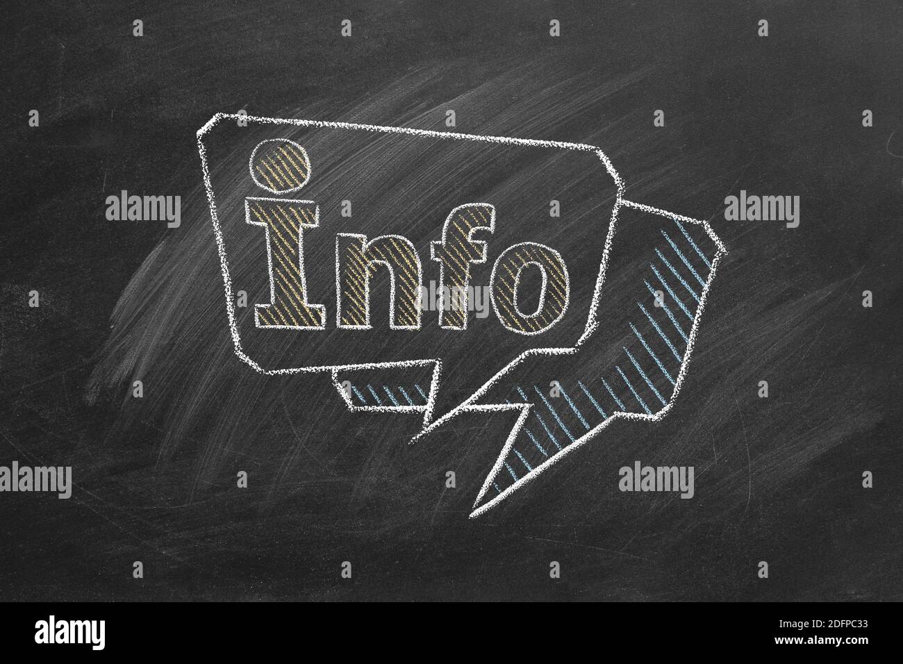 Info speech bubble drawn in chalk on a blackboard. Info center ...