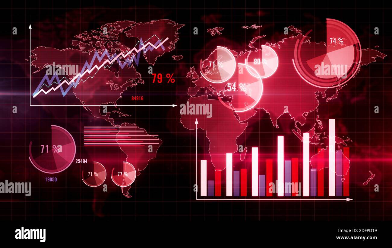 Charts and graph on world map on red background. Abstract concept of ...