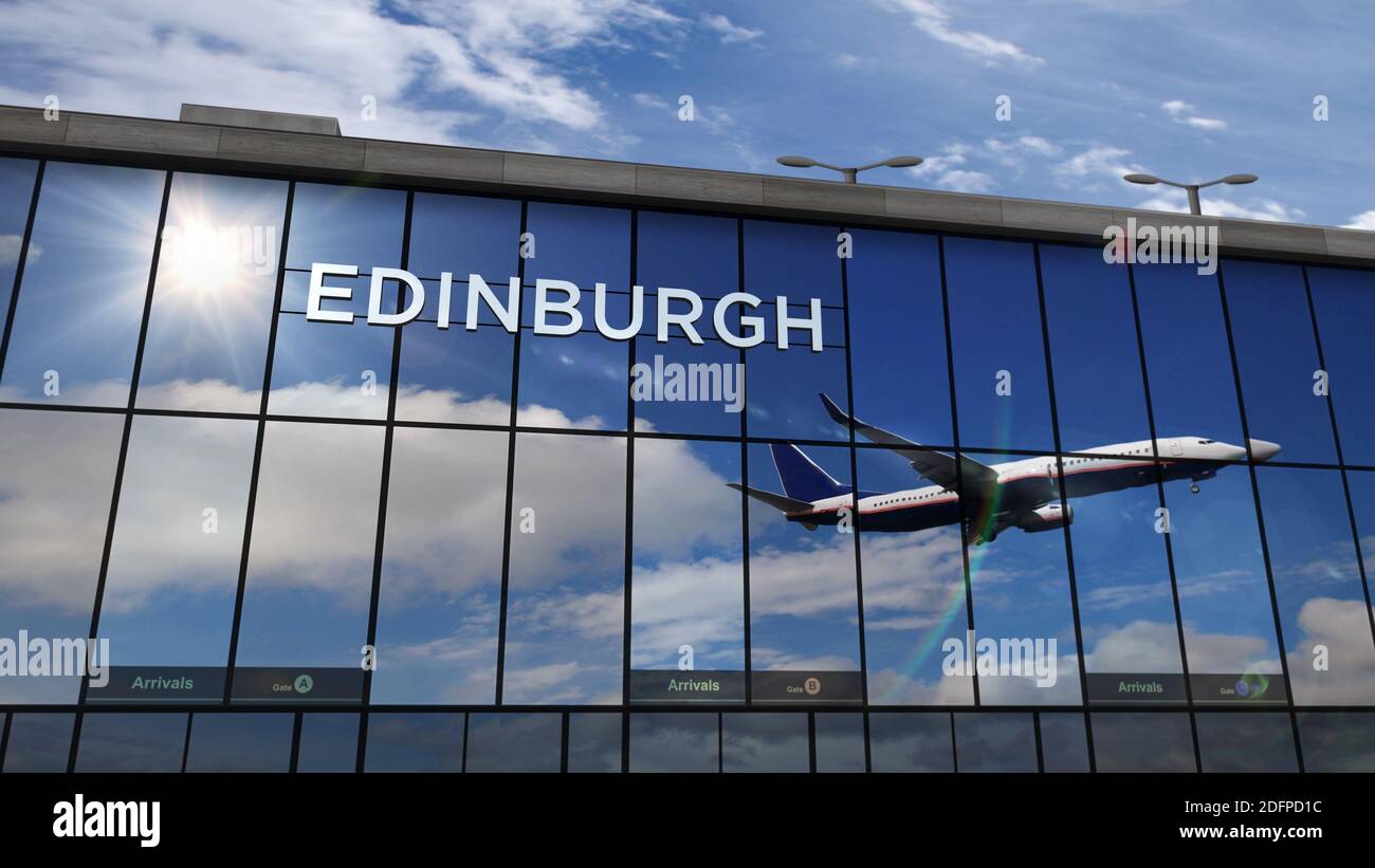 Jet aircraft landing at Edinburgh, Scotland 3D rendering illustration ...