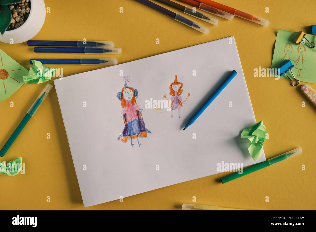 Kids homework color workspace . Creative kods desk view yellow Stock ...