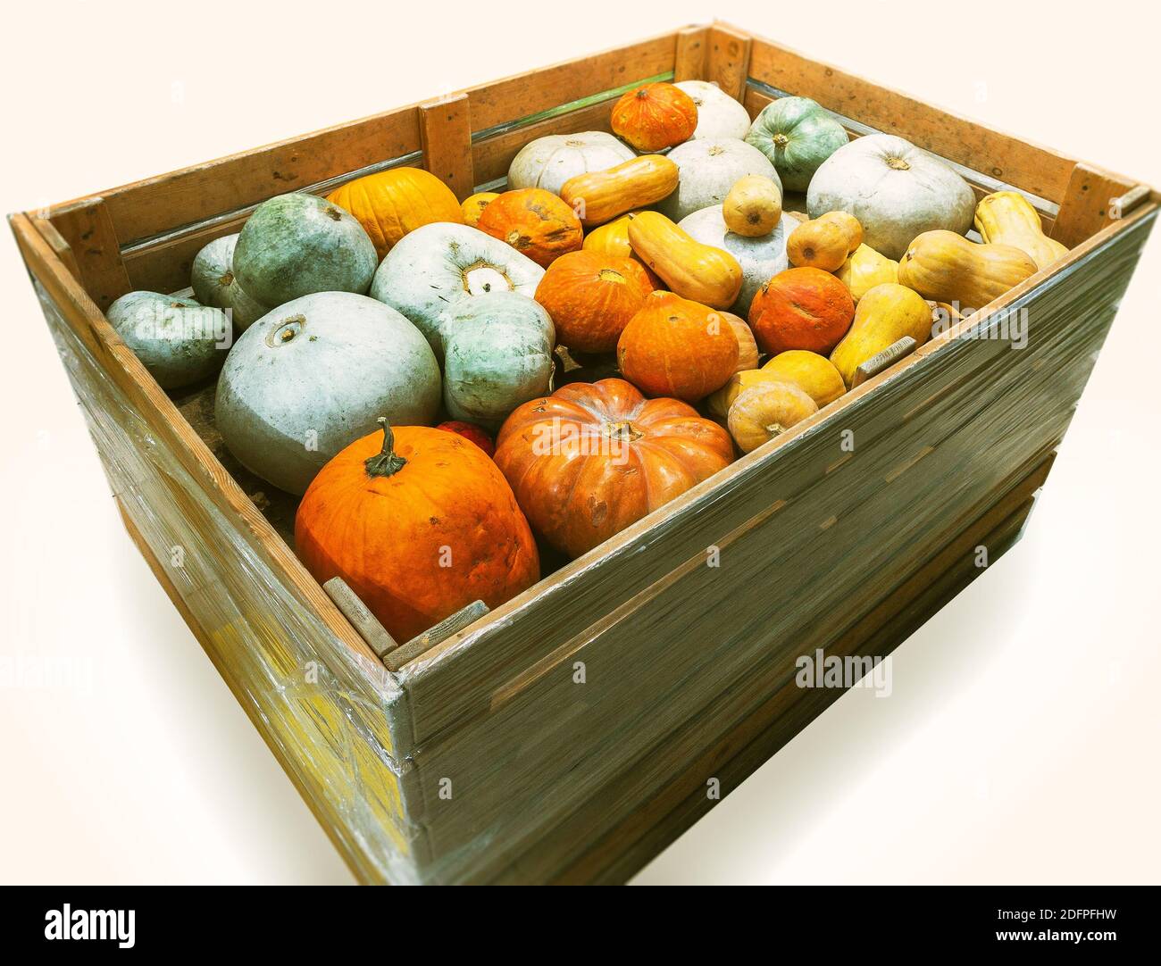 assorted pumpkins in crate, isolated Stock Photo - Alamy