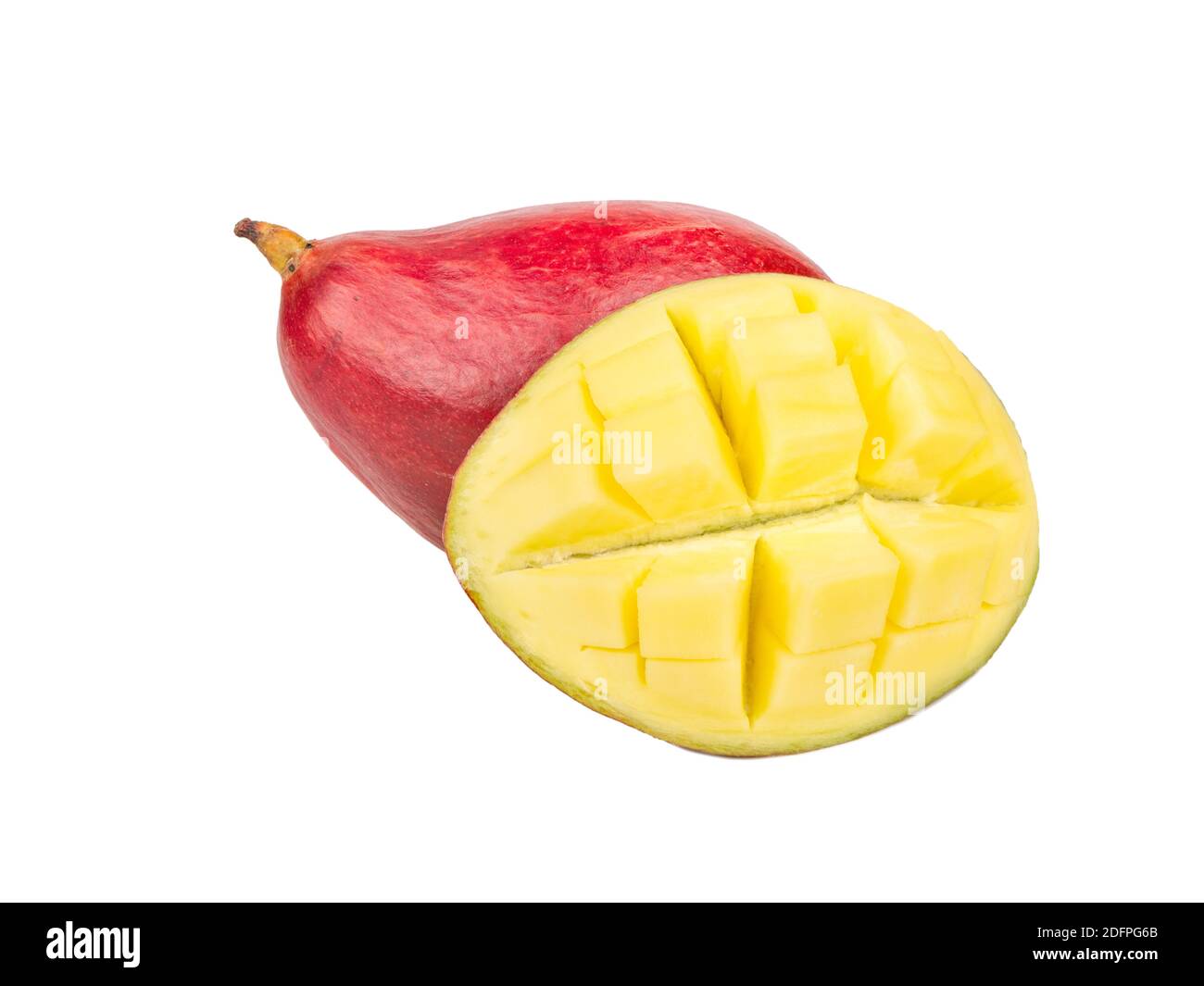 Ripe red mango with half isolated on a white background Stock Photo - Alamy