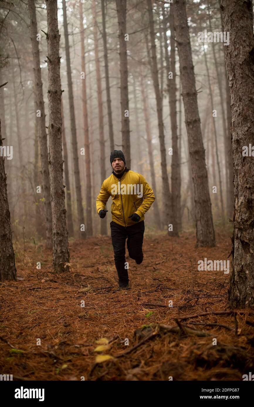 Handsome young man running in autumn forest and exercising for trail ...