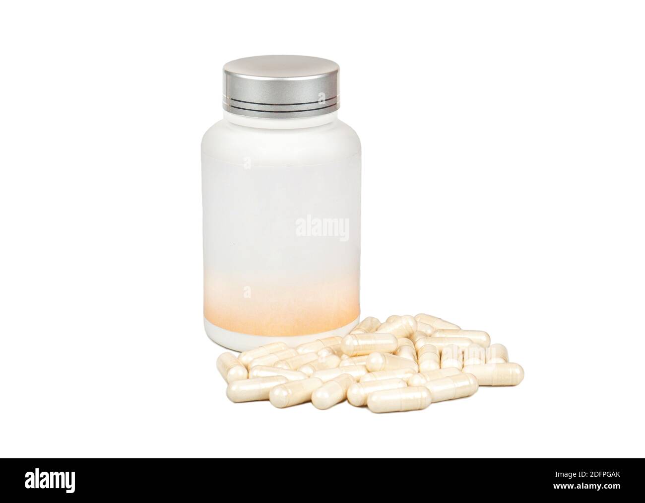 Capsules with a plastic jar on a white background Stock Photo - Alamy