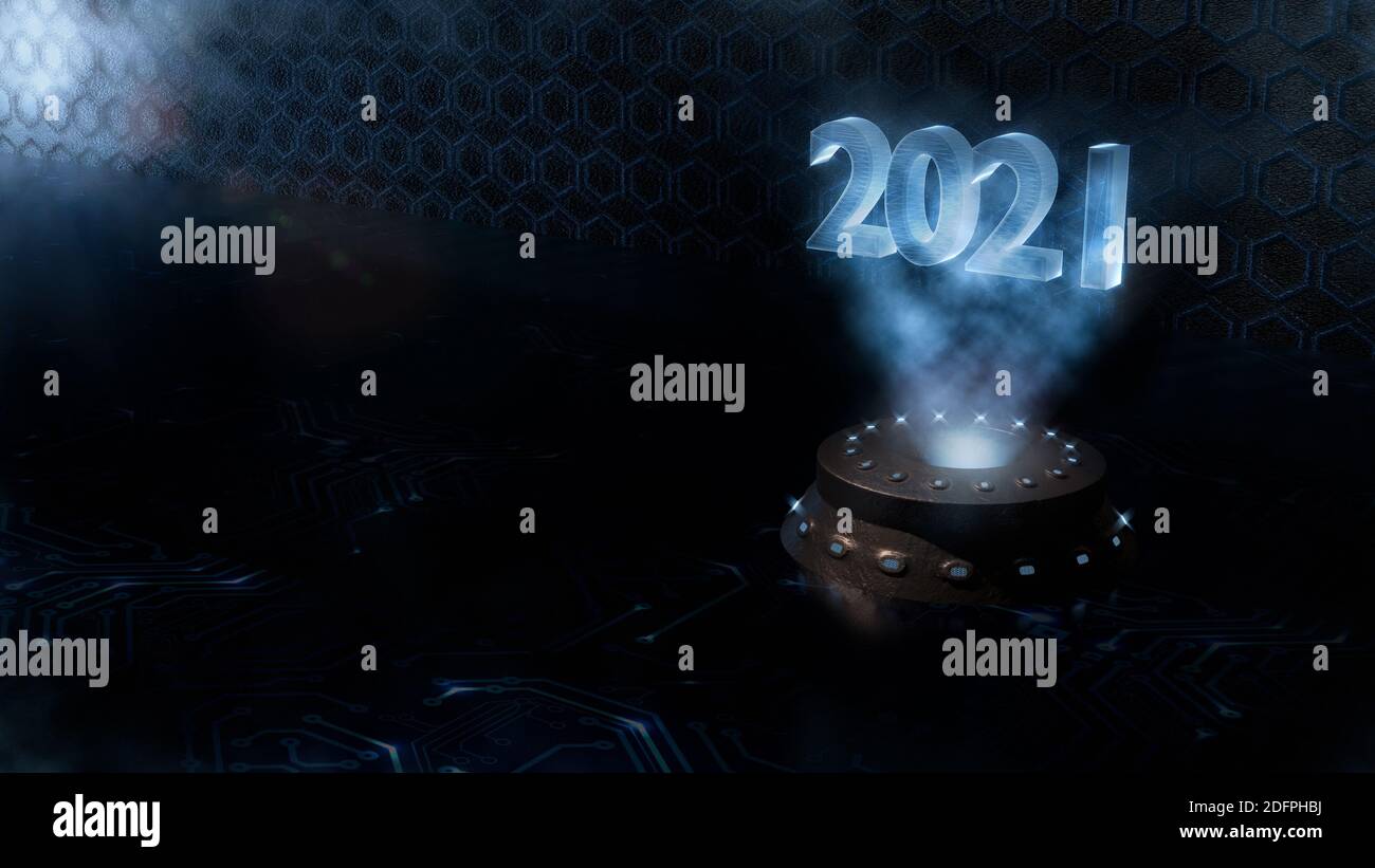 Close up, futuristic technical environment with hologram of number 2021 ...