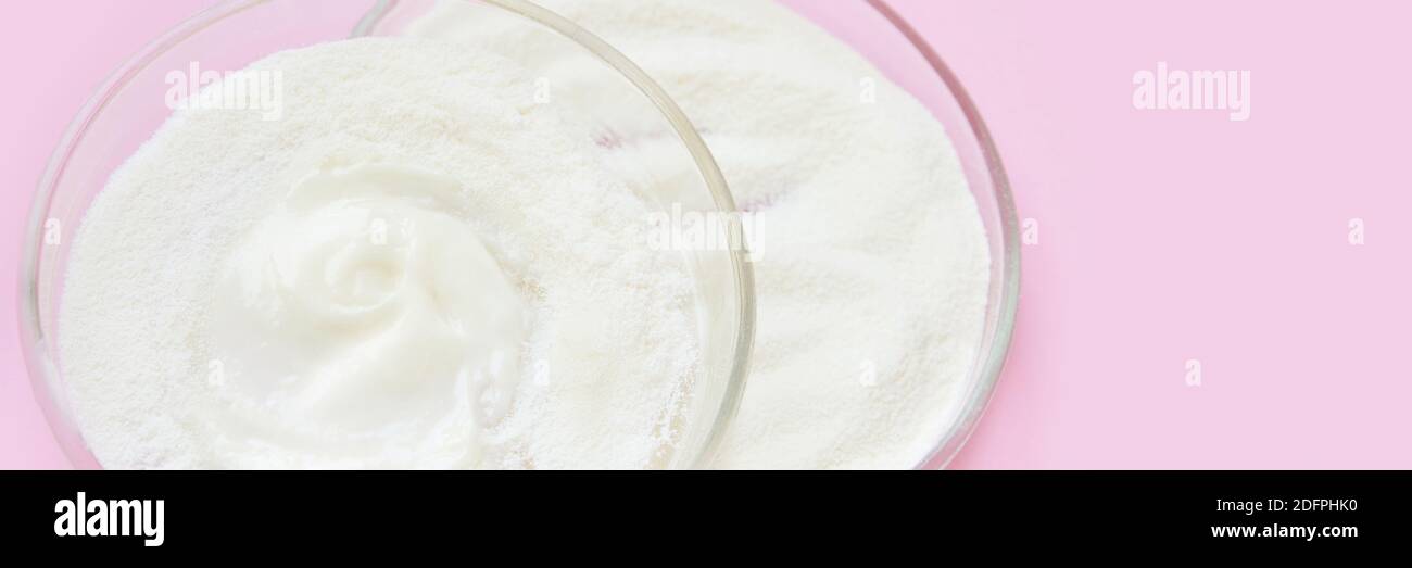 Collagen white powder. Pastel color background. Health product Stock ...